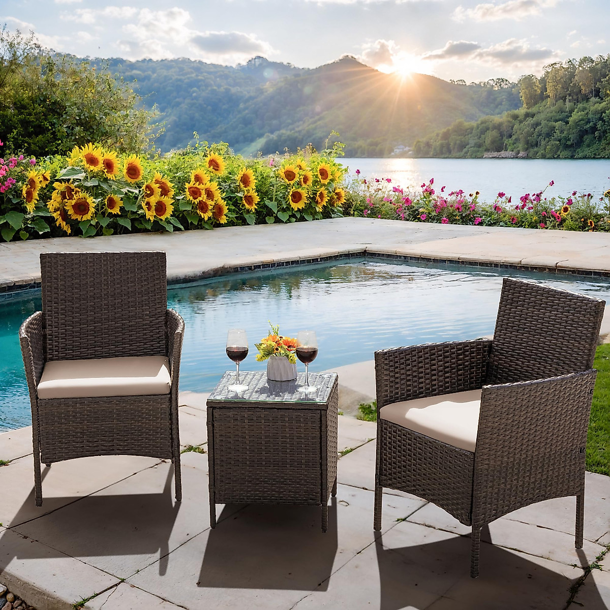 Flamaker Patio Furniture Set 3 Pieces All-Weather Rattan Outdoor Furniture Patio Chairs with Tempered Glass Table for Porch Bistro Balcony (Brown/Cream)