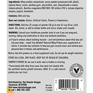 True Athlete Natural Whey Protein - Chocolate, 20g of Protein per Serving - Probiotics for Digestive Health, Hormone Free (1.5 Pound Powder)