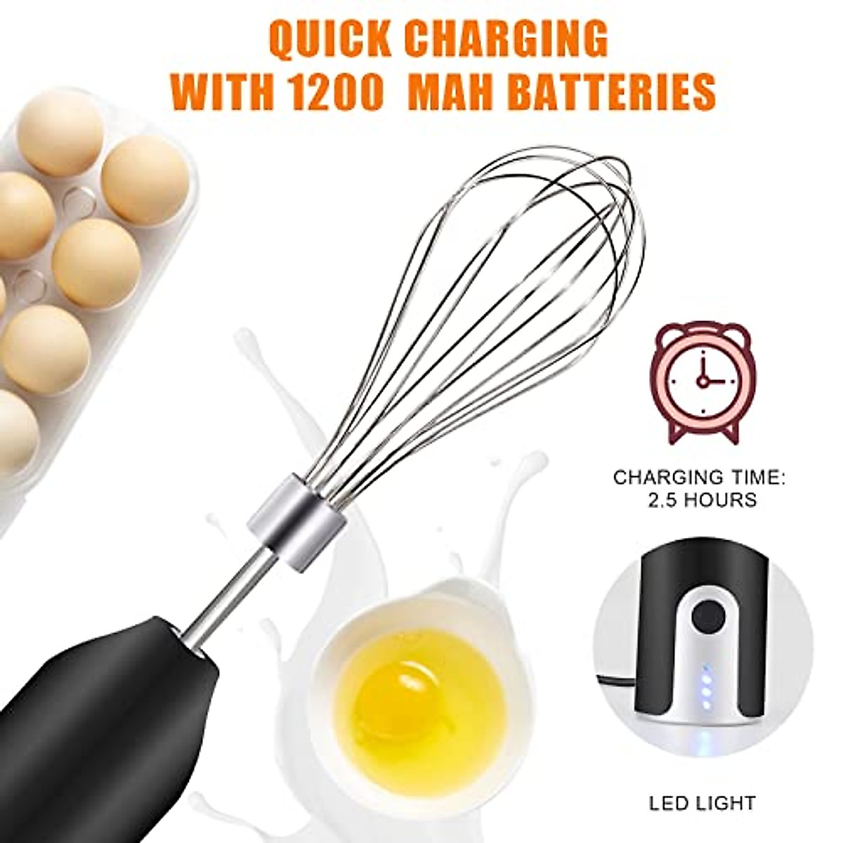 Electric Hand Mixer Whisk| Wireless Rechargeable Handheld Egg Beater with 2 Stainless Steel Mixing Heads | Portable Kitchen Aid Hand Mixer for Egg, Milkshake Cream, Cake, Baking & Cooking-Black