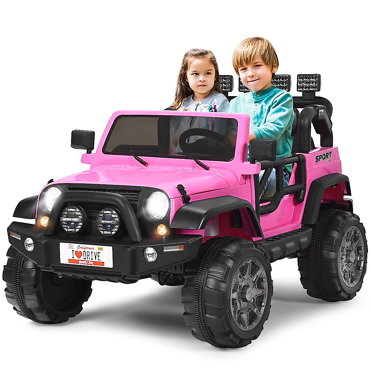 HONEY JOY 2 Seat Ride On Truck, 12V Off-Road Ride On Car with Remote Control, Slow Start, Spring Suspension, LED Lights, Music, 3 Speeds, Battery Powered Electric Vehicle for Two Kids(Pink)