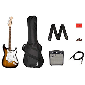 Squier Stratocaster Electric Guitar Pack, with 2-Year Warranty, Brown Sunburst, with Gig Bag, Frontman 10G, and accessories