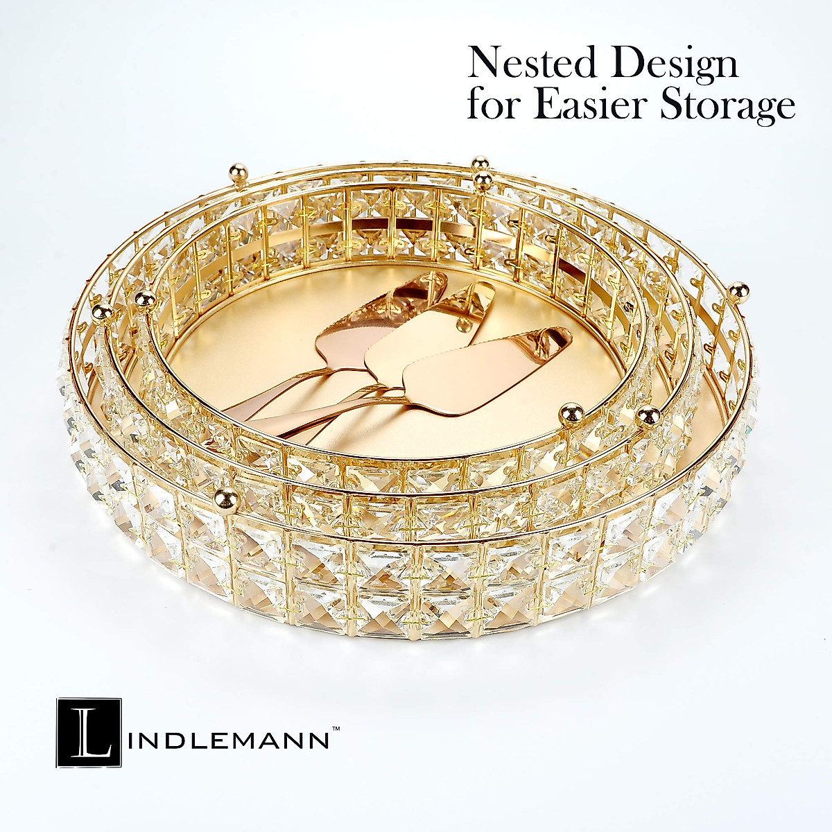 LINDLEMANN-Shiny Cake Stand-Decorative Metal Cake Holder with Spatula-Round Cake Stand-Genuine Mineral Crystals-Set of 3 Serving Plate Display- Mothers' & Easter Day Gift Tray-Gold (10 + 12 +13.5 in)