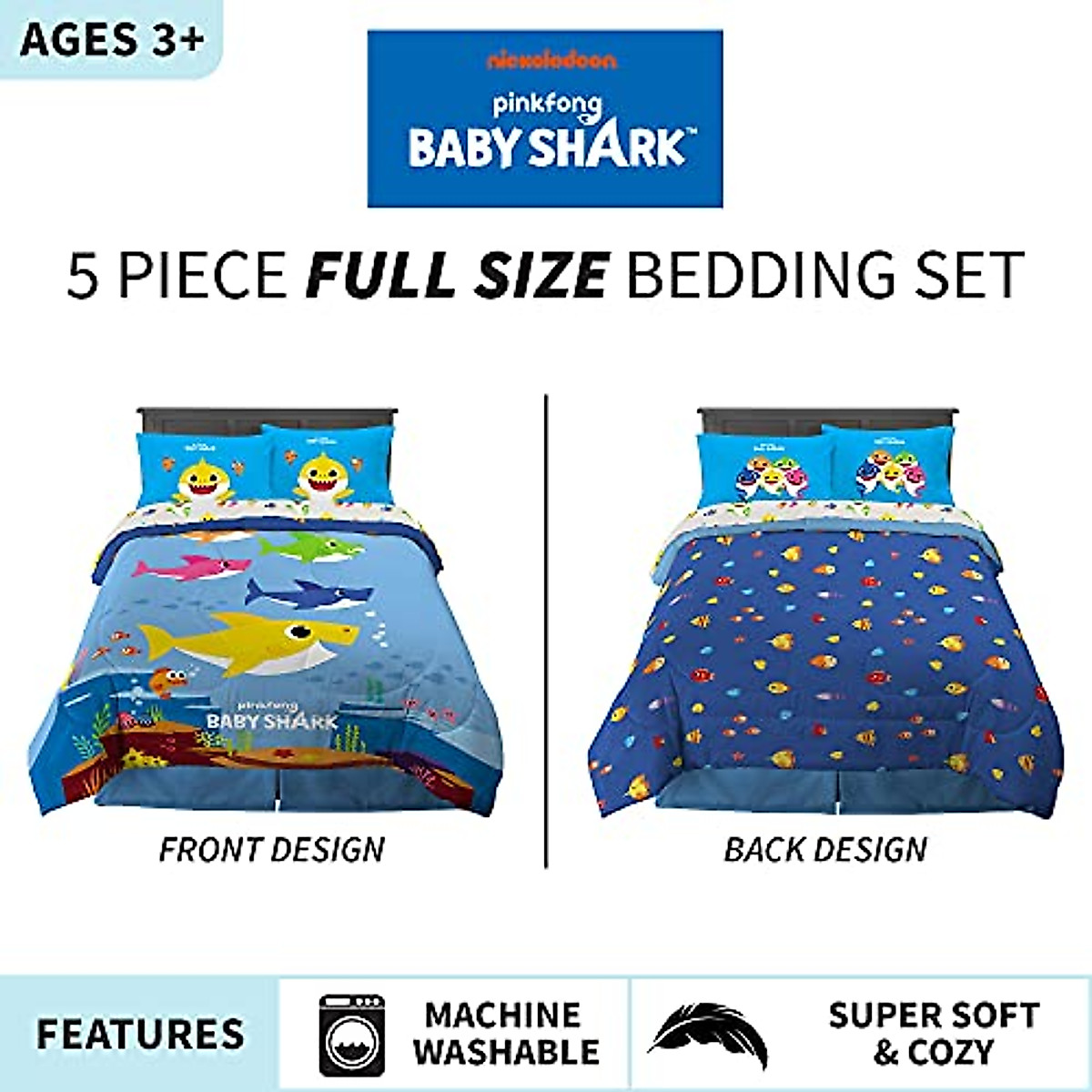 Franco Kids Bedding Super Soft Comforter and Sheet Set, 5 Piece Full Size, Baby Shark