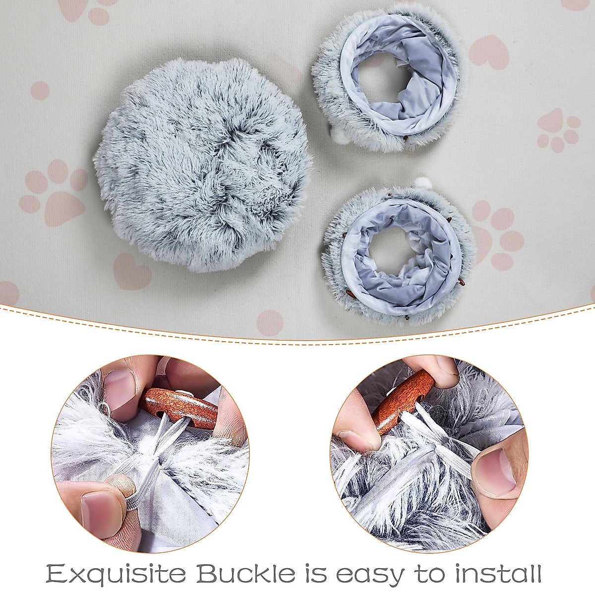 Lonepetu Plush Cat Tunnel Bed for Indoor Cats, Collapsible Cat Donut Tunnel with Central Mat, Fluffy Cat Cave Tube with Hanging Ball for Cat Kitten Rabbit Puppy Ferret