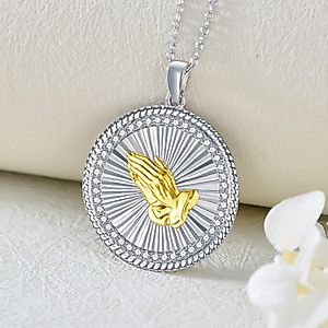LONAGO Serenity Prayer Necklace with Praying Hands Coin Pendant, Praying Hands and Lord's Prayer Medal Pendant Necklace for Women