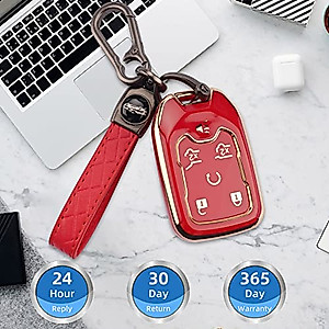 Jimtyee for GMC Key Fob Cover with Leather Lanyard Keychain Key Fob Case Shell Protection for Chevy Silverado Tahoe Suburban GMC Sierra Yukon Smart Remote Key Protector(Red)