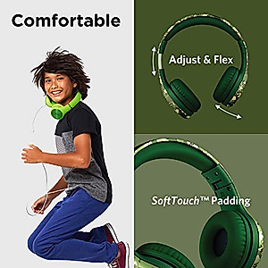 LilGadgets Connect+ Pro Boys Headphones for School - Designed with Kids' Comfort in Mind, Foldable Over-Ear Headset with in-line Microphone, Headphones Wired, Headphones for Kids, Digital Camo