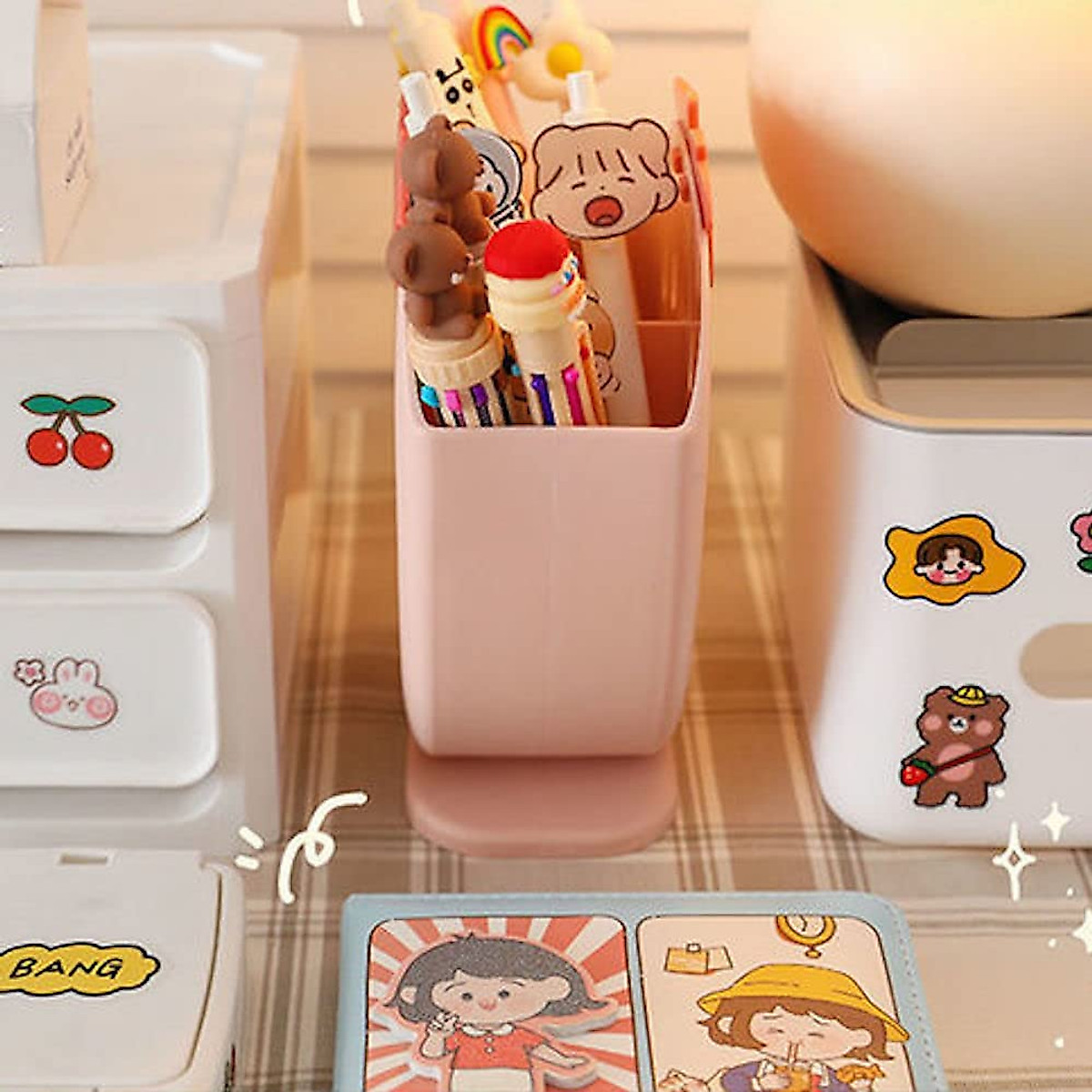 Strawberry Desk Organizer with 2 Compartments Cute Kawaii Pencil Holder Make Up Brush Holders Pen Holder for School Girls Teens Room Decor Storage and Organization (Light Pink)