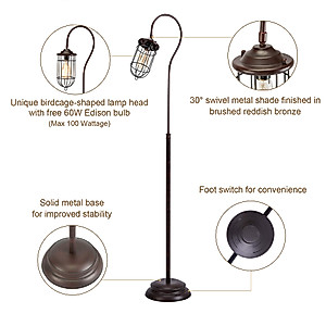 VONLUCE Rustic 62 inch Floor Lamp, Adjustable Lantern Lamp Head, 100W Industrial Farmhouse Standing Light, Nautical Vintage Brown Edison Stand Lamp with Antique Metal Shade for Living Room Bedroom