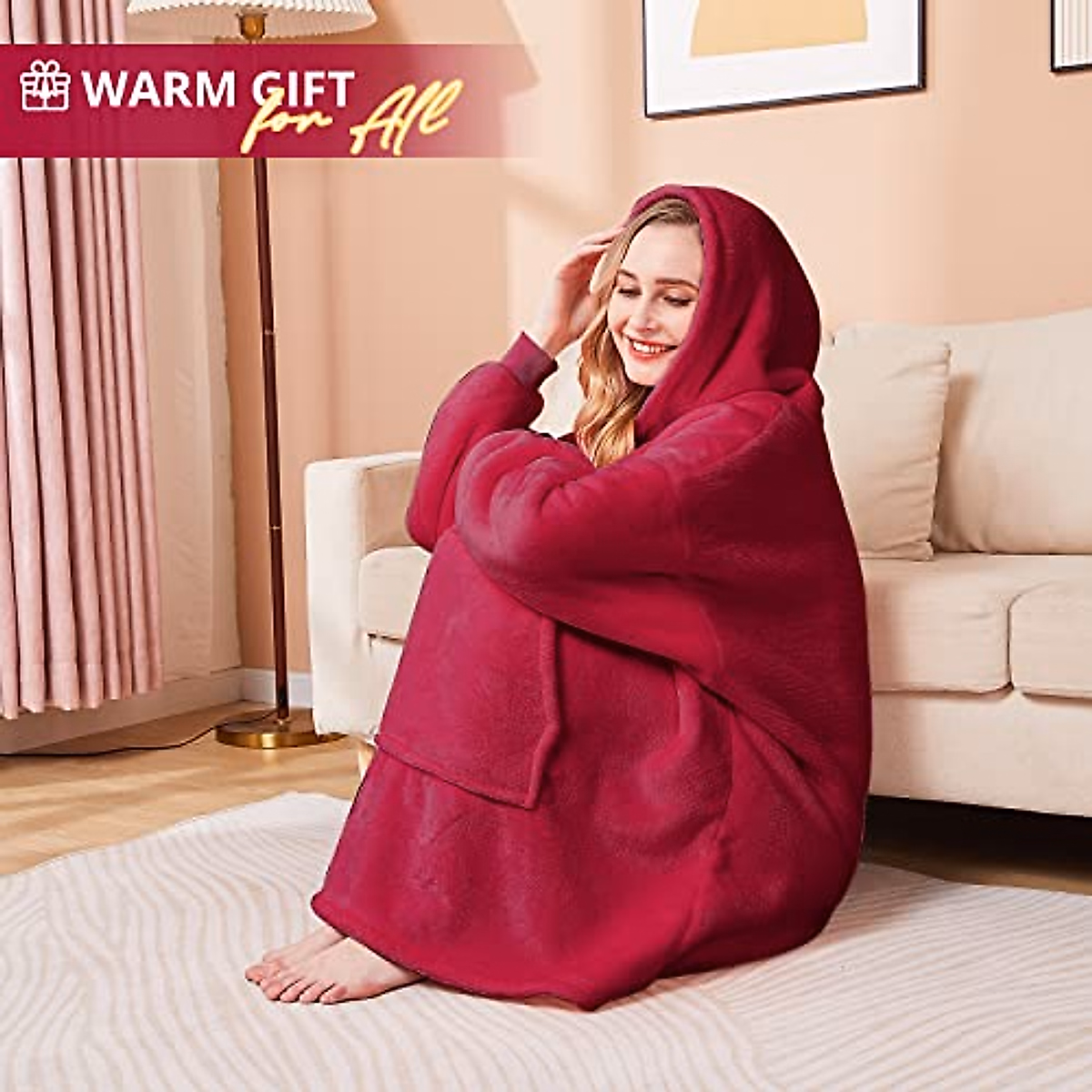 Oversized Sherpa Blanket Hoodie, YUGVYOB Wearable Blanket Warm & Fuzzy, Sweatshirt with Gaint Pocket for Men, Women, Teens, Red