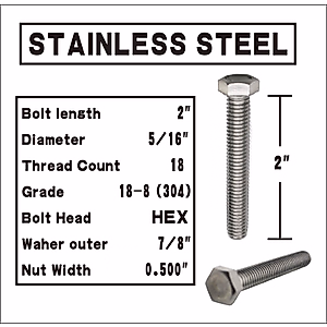 (10 Sets) 5/16-18x2" Stainless Steel Hex Head Screws Bolts, 5/16 Nuts, 5/16 Flat Washer & 5/16 Lock Washers, 18-8 (304) S/S, Fully Threaded by Bolt Fullerkreg