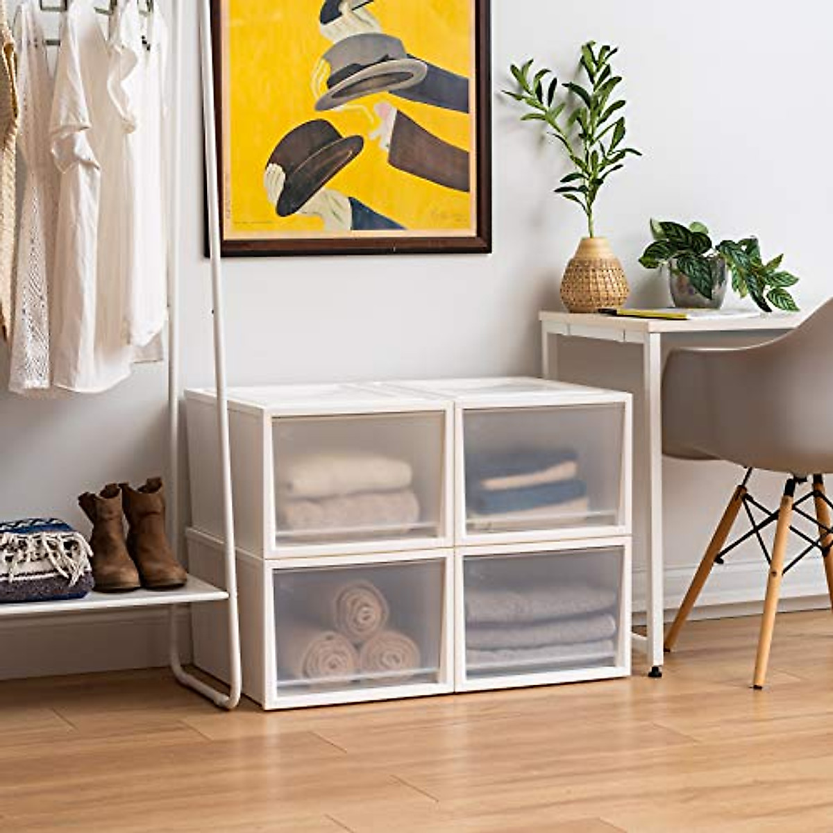 IRIS USA 42 Qt. Plastic Drawer Storage Organizer Stacking Drawers, 4-Pack, Stackable Unit with Sliding Drawer for Clothes Bedroom Kitchen Under Sink Pantry Craft Room Bathroom Dorm Office, White