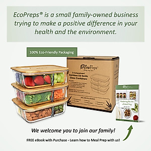 EcoPreps Glass Bento Box Containers with Bamboo Lids, 3 Compartment Glass Meal Prep Containers [3 Pack] - 100% Plastic Free, Eco-Friendly Glass Lunch Containers, Bamboo Glass Bento Boxes for Adults