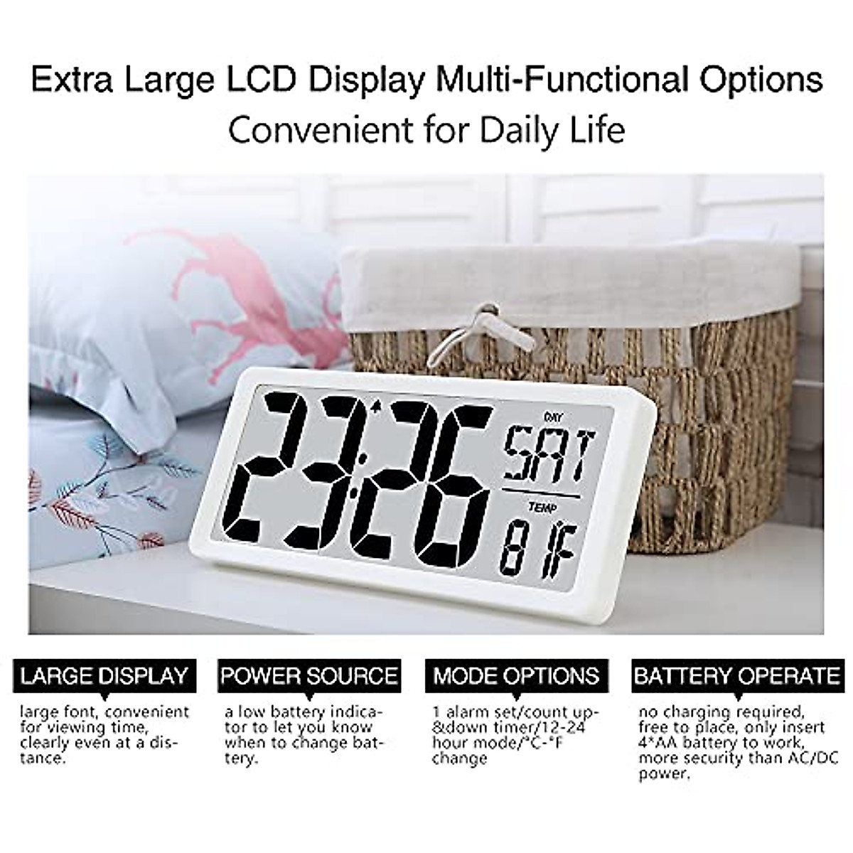 TXL Large Digital Day Wall Clock, Custom 8 Languages Calendar, Count up-Down Timer and Temp Reminder, 12/24Hr Desktop Alarm Clock with 14.17" Extra Large Display for Home Office Studio Hotel, White