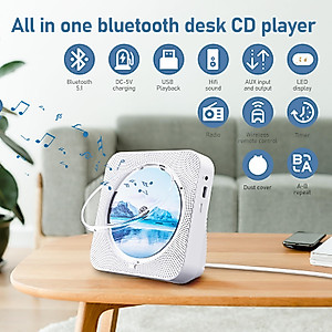 CD Player Portable Bluetooth 5.1 Desktop CD Player with HiFi Sound Speakers,Remote Control,Dust Cover,LED Display,Boombox FM Radio,USB/AUX for Home,Gift,Kids (White)