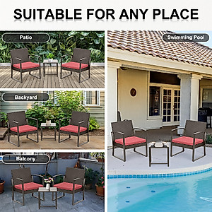 BPS 3 Pieces Patio Furniture Set, Outdoor Rattan Wicker Chairs with Table, 3 Pcs Sofa Set with Cushion, Conversation Furniture for Garden Poolside