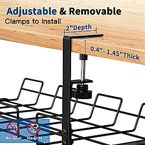 No Drill Under Desk Cable Management Tray, 2 Pack Desk Wire Management Cable Tray Sturdy Alloy Steel Wire Organizer Under Desk Basket for Office and Home Standing Desk