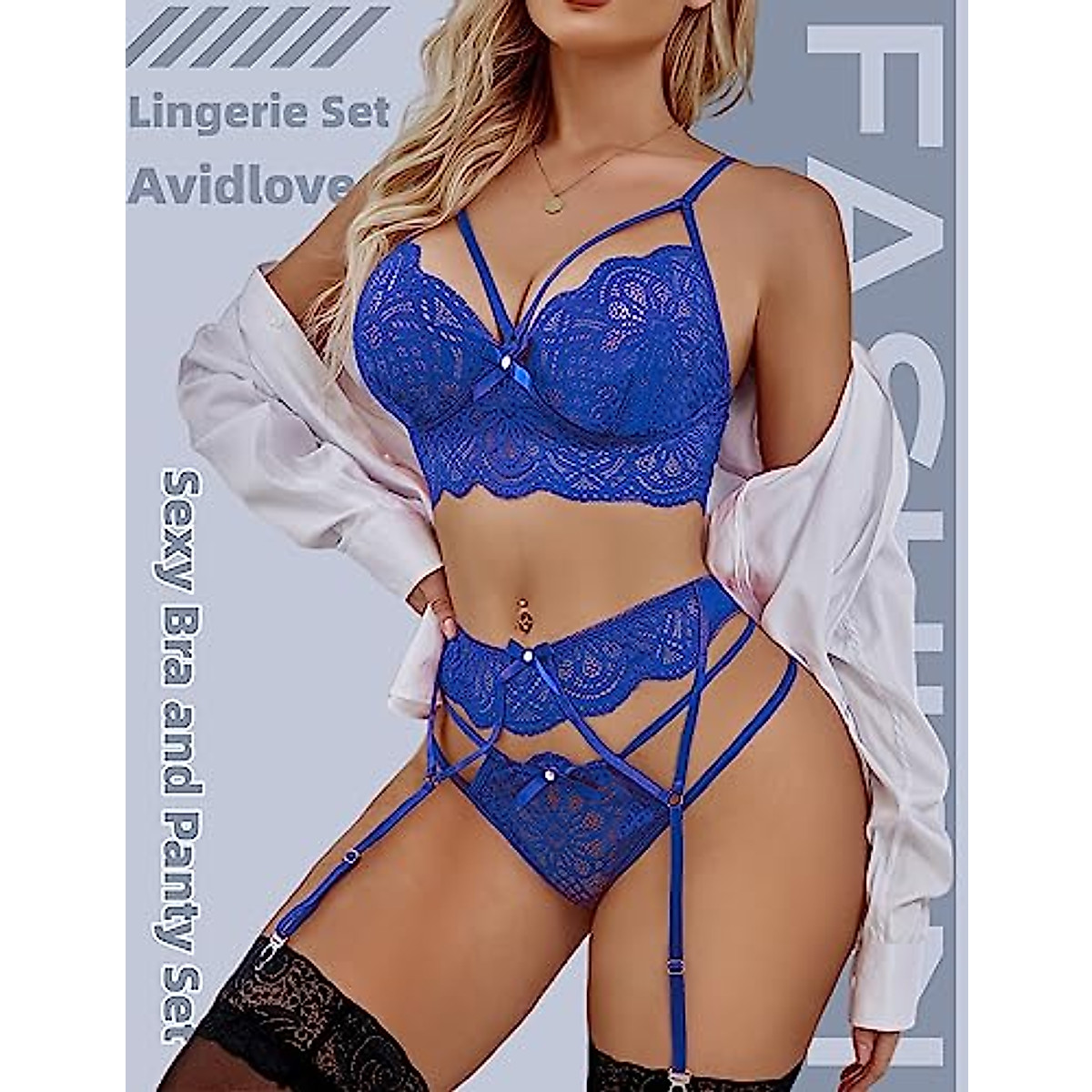 Avidlove Women's Exotic Lingerie Sets Sexy Lingerie Set with Garter Belts Sexy Bra and Panty Set Lace Teddy Bodysuit No Stockings(Blue, M)