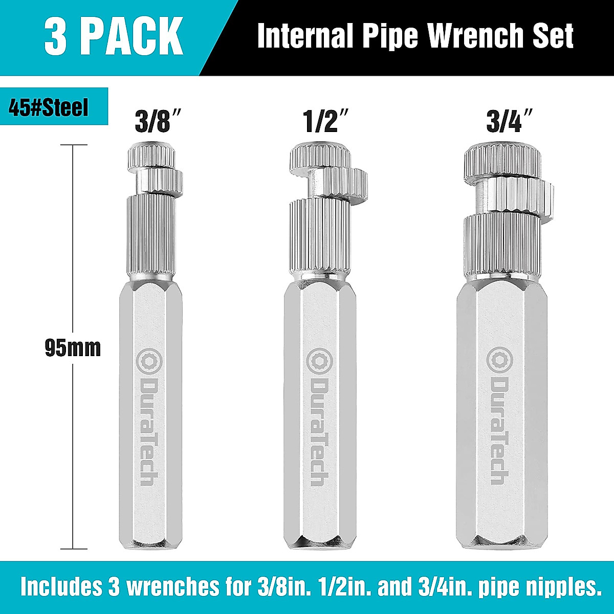 DURATECH Internal Pipe Wrench Set, Pipe Nipple Extractor Set, 3-Piece, 3/8",1/2" and 3/4" Pipe Capacities, Organizer Pouch Included