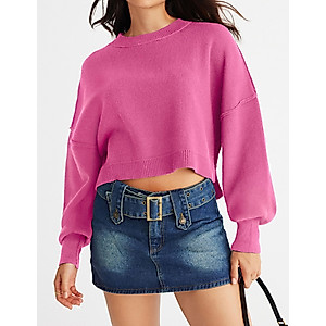 MEROKEETY Oversized Cropped Sweaters for Women Fall 2025 Trendy Crewneck Batwing Sleeve Knit Tops Side Slit Pullover Sweater Jumper HotPink Small