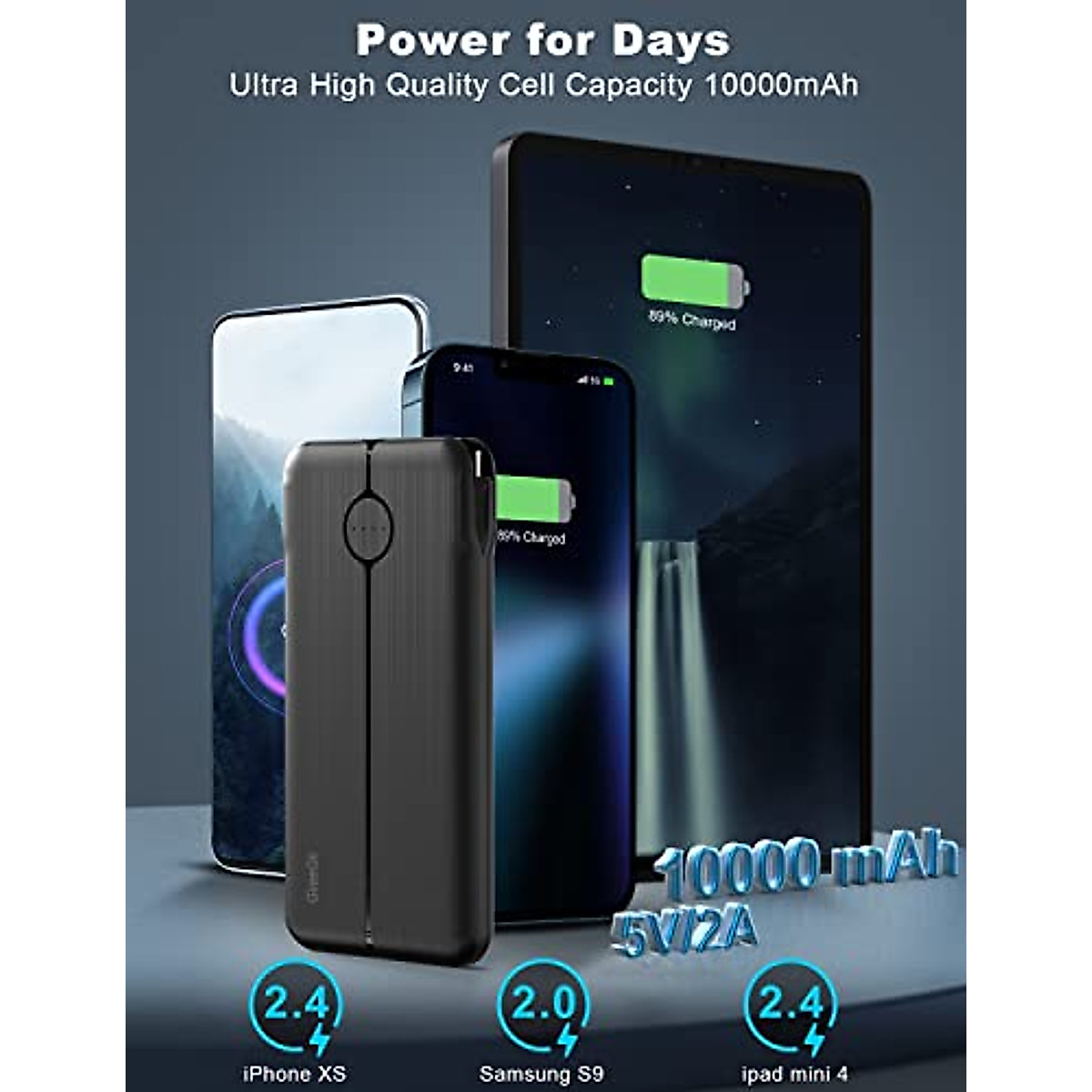 Upgraded Portable Charger, GiieeGii 10000mAh Power Bank Built in Cable, with Micro & Type-C 3 Kinds Cables and USB Output Port Cell Phone Battery Backup Compatible with iPhone Android Smartdevices