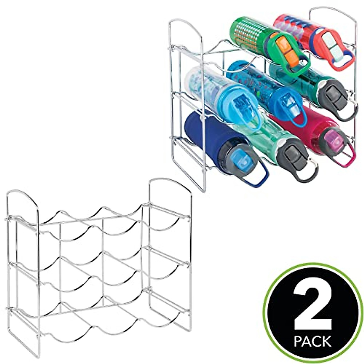 mDesign Metal Wire Free-Standing Water Bottle Rack - Storage Organizer for Kitchen Countertops, Pantry, Fridge - 3 Levels, Holds 9 Bottles - 2 Pack - Chrome
