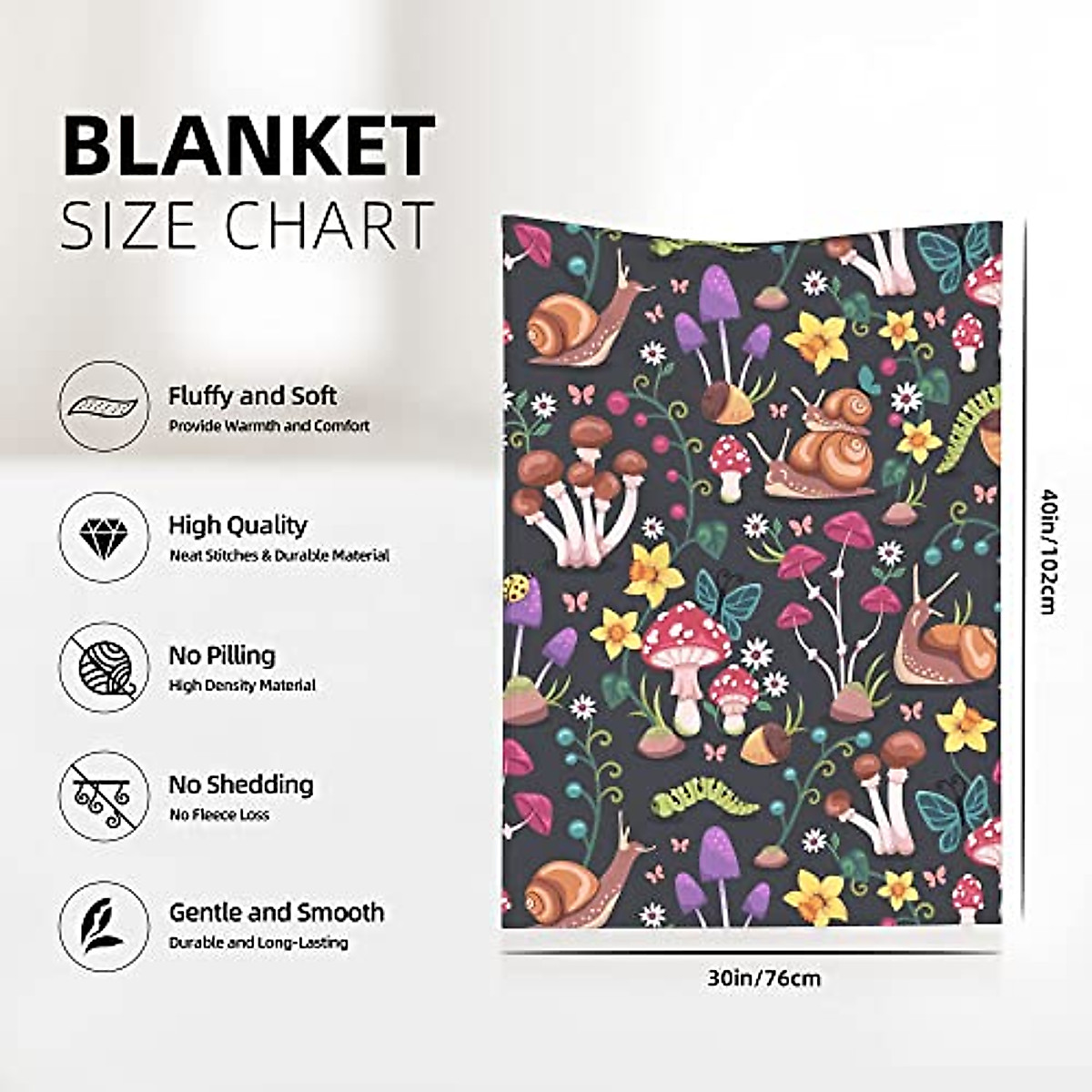 LAKIMCT Snail Mushroom Blanket for Couch Bed Throw Blanket, Aesthetic Decorative Blanket for Travel Camping Comfy Blanket, Full Size Blanket, 30x40 inch