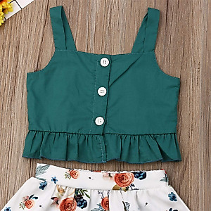Toddler Baby Girls Ruffle Strap Top+Boho Floral Skirt Summer Outfit Clothes Two Piece Set (Green Crop Top+White Floral Skirt, 3-4T)