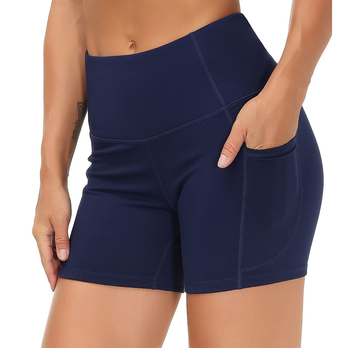 THE GYM PEOPLE High Waist Yoga Shorts for Women's Tummy Control Fitness Athletic Workout Running Shorts with Deep Pockets (Small, Blue)