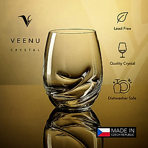 VC VEENU CRYSTAL Tumbler Glasses Set Of 2, Stemless Drinking Elegant Drinkware Glasses Set with Modern Lines, Dishwasher Safe, 100% Lead-Free Glass (16.9 Oz)