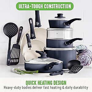 GreenLife Soft Grip Healthy Ceramic Nonstick 16 Piece Kitchen Cookware Pots and Frying Sauce Saute Pans Set, PFAS-Free with Kitchen Utensils and Lid, Dishwasher Safe, Black and Cream