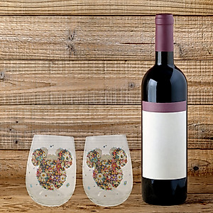 Jerry Leigh Multicolored Floral Mickey Mouse Outlined Stemless Drinking Glasses, Disney Souvenir Collectable Flower Print Adult Glass, 14.5 oz, 2 Pack, Multicolor