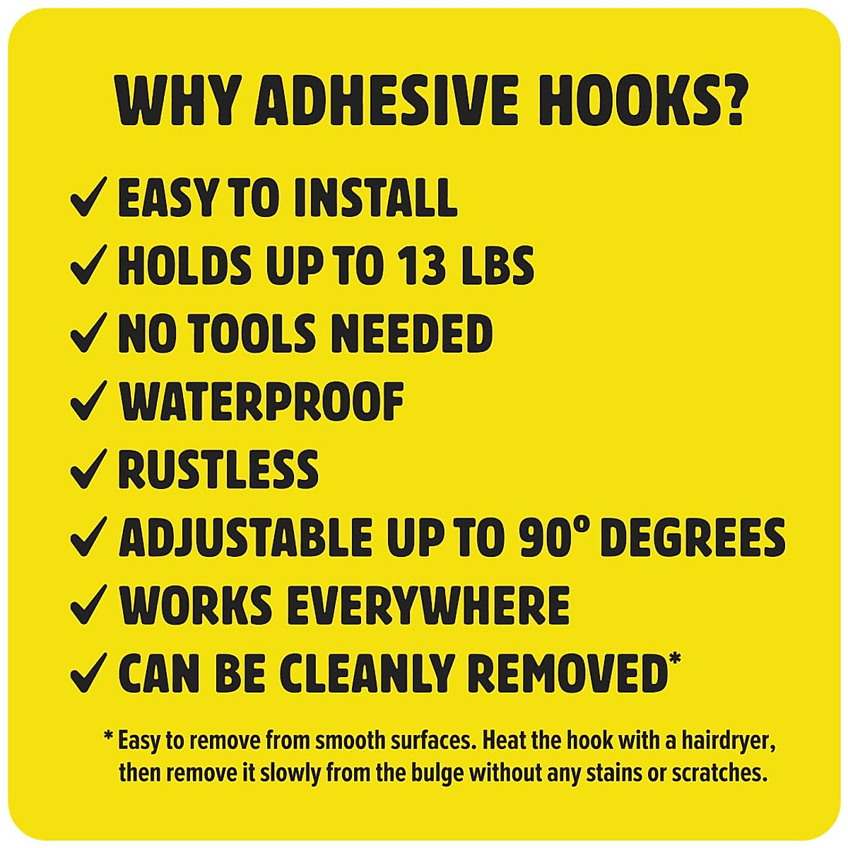 GOT 'EM Universal Adhesive Hooks Medium 6-Pack - Peel & Stick to Wall, Heavy Duty Holds 13 lbs of Towels, Coats, Picture, Plant. 90 Degree Adjust, Water Proof for Indoor/Outdoor, No Tools Needed