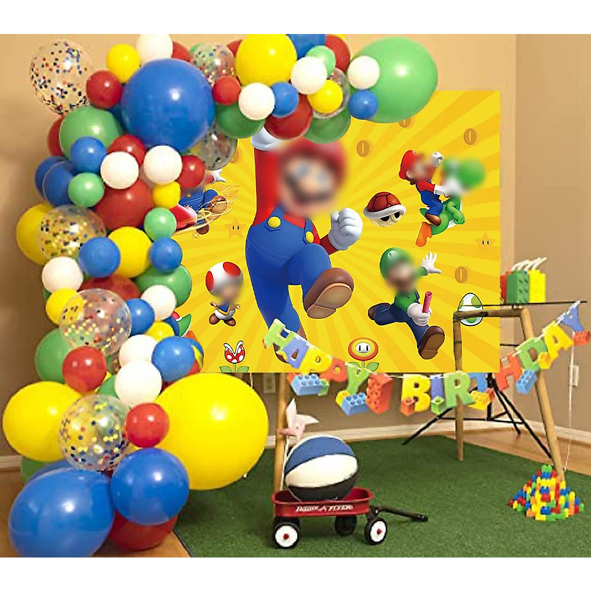 Super Brother Backdrop Cartoon Yellow Background Decoration Boy Gold Coin Video Game Adventure Kart Theme Party Super Bros Uncle Mushroom Birthday Banner Shooting Supplies (7x5FT(210x150cm))