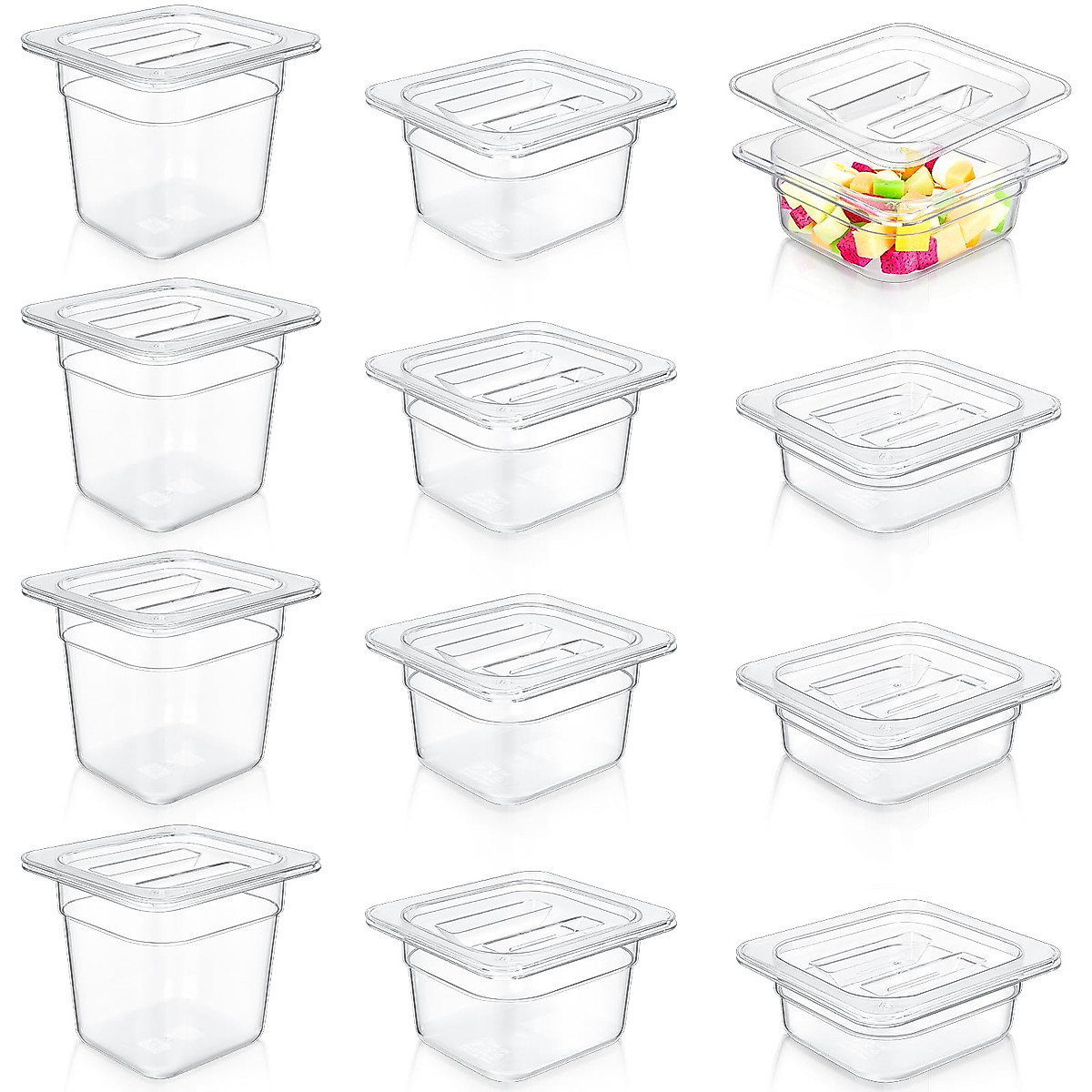 Tioncy 12 Pcs Clear Food Pans with Lids Salad Bar Containers Plastic Pan Salad Bar Containers Commercial Food Storage Transparent Hotel Pans for Vegetables Fruits Beans Corns 2.5'' 4'' 6'' Deep