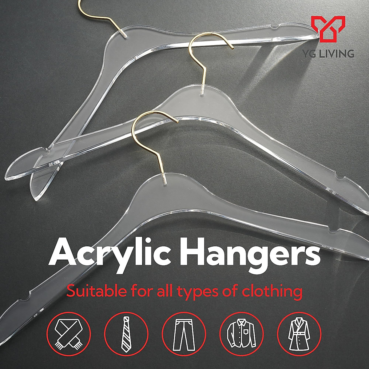 YG Living Clear Acrylic Hangers with Gold Hooks - 15 Pack - Hangers for Shirts - Clothing Hangers for Closet or Dorm - Heavy Duty Hangers to Hang Coats, Suits, Jackets - Coat Hanger with Notches