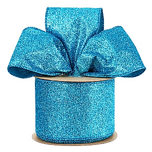 HUIHUANG Turquoise Christmas Ribbon 2-1/2" Sparkle Metallic Glitter Wired Ribbon for Tree, Bows Making, Wreath Supplies, Gift Wrapping, Garland, Home Decor, Crafts -10 Yards