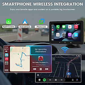Wireless CarPlay Android Auto Screen - Portable Dash Mount Bluetooth Car Stereo - 7 Inch QLED Touchscreen AirPlay MirrorCast Steering Wheel Control GPS Navigation AUX Output