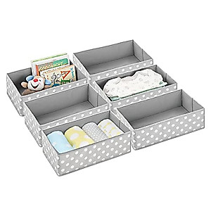 mDesign Fabric Drawer Organizer Bins, Kids/Baby Nursery Dresser, Closet, Shelf, Playroom Organization, Hold Clothes, Toys, Diapers, Bibs, Blankets, 6 Pack - Gray/White Polka Dot