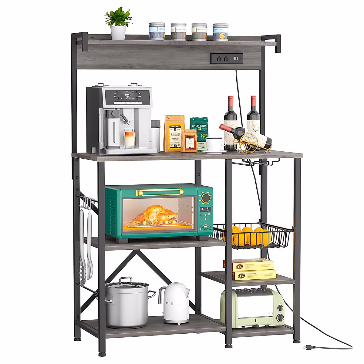 JAMFLY Kitchen Bakers Rack with Power Outlet, Coffee Bar Cabinet, Kitchen Cart, Large Microwave Stands Cart with 6 S-Shaped Hooks, Wine Glass Holder and Basket (Grey)