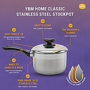 YBM Home Professional Chef’s 18/10 Stainless Steel Sauce Pot Covered Tri-Ply Capsule Base With Bakelite Handle, Terrific Mirror Silver, Induction Compatible - Black