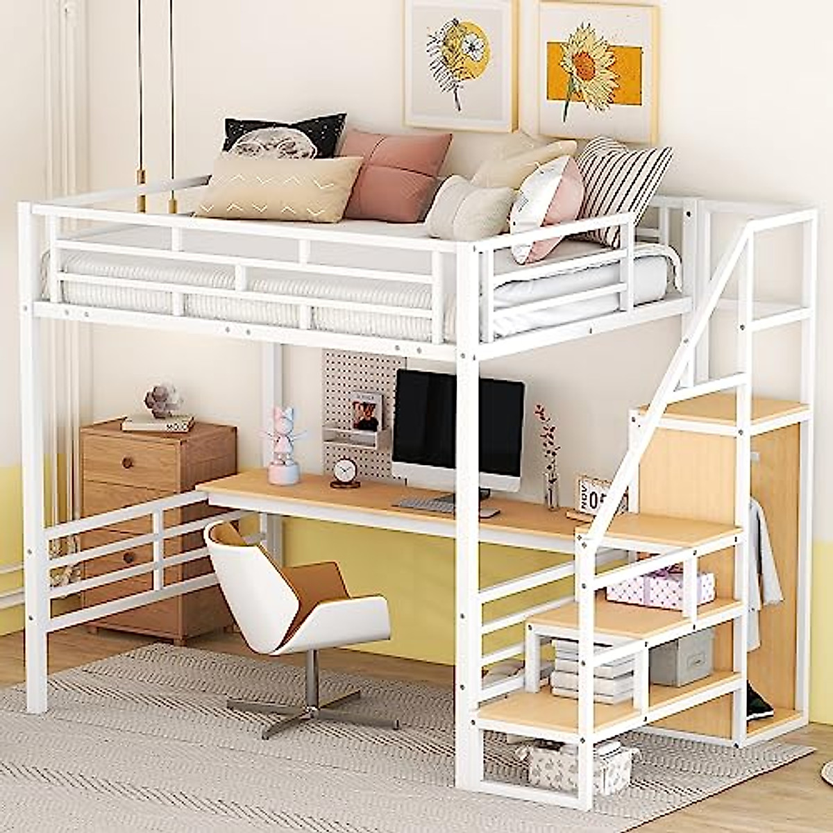 CITYLIGHT Full Size Loft Bed with Staircase and Desk, Metal Loft Bed Frame with Wardrobe and Storage Shelves, Full Loft Bed with Desk for Kids, Teens, Boys & Girls (Full, White)