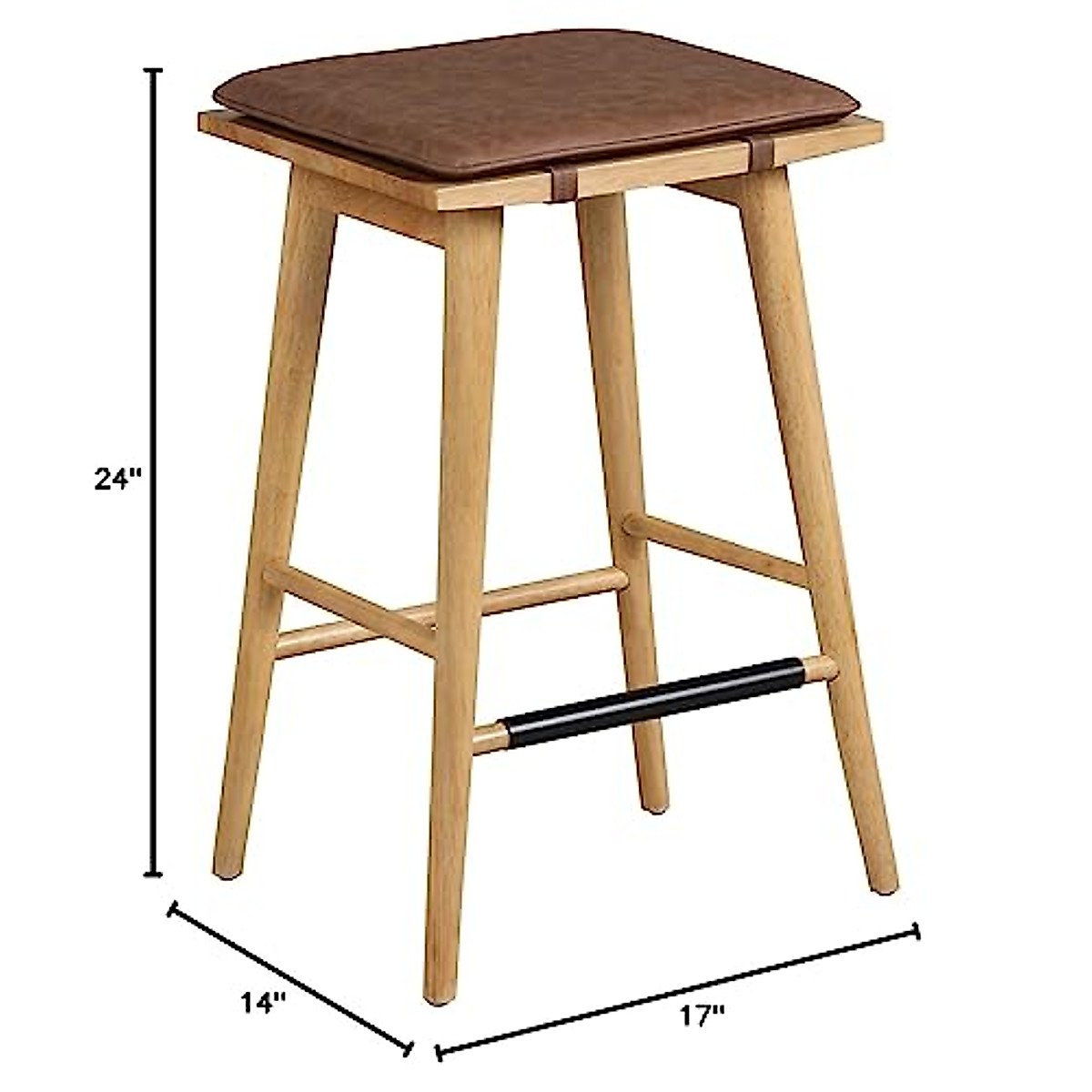 Nathan James Barker Classic Counter Height Wood Barstool with Leather Removable Cushion, Backless Island 24" Bar Stool for Kitchen, Chestnut Brown