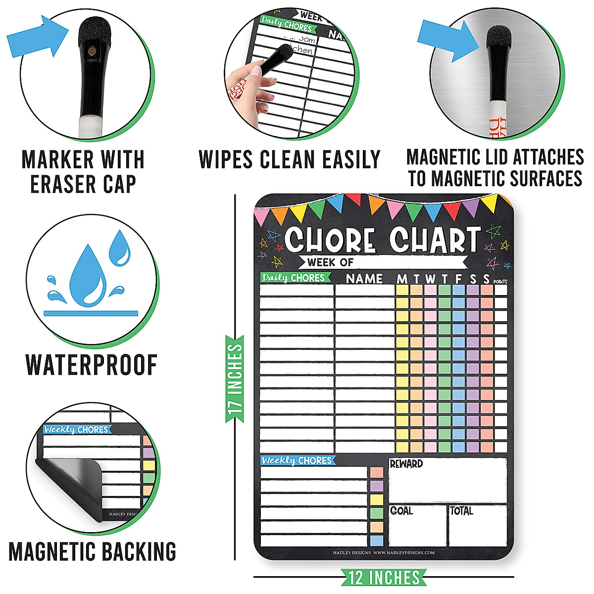 Hadley Designs Magnetic Chore Chart for Kids-12"x17" Reusable Dry Erase Responsibility Chart for Multiple Kids-Weekly Family Organizer with Reward System and Bonus Chore Guide