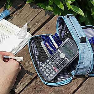 SY Big Capacity Pencil Case Pen Bag Storage Large Handheld Pen Pouch Bag Multiple Compartment Double Zipper Cosmetic Case High School Organizer College Student Girl Teen Adult-BLUE