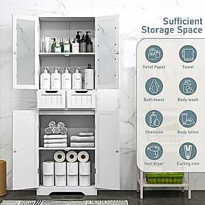 67" Tall White Bathroom Cabinet Bathroom Cabinet Storage Cabinet, Freestanding Storage Cabinet With Glass Door and Adjustable Shelves, Linen Bathroom Cabinet for Living Room, Kitchen, Dining, White