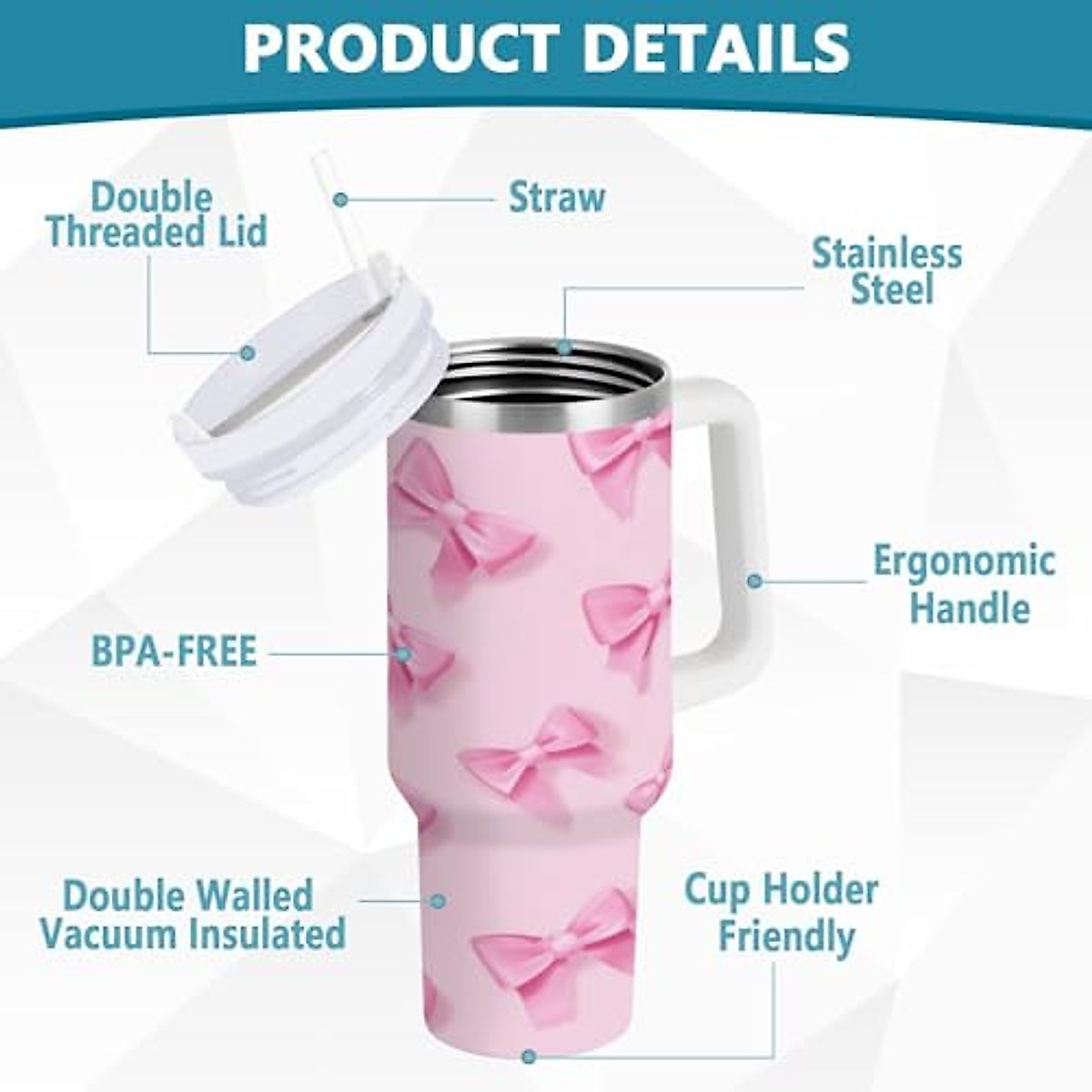 Jihqo Bow Tie 40 oz Stainless Steel Vacuum Insulated Tumbler with Handle and Straw Lid, Leakproof Water Bottle Double Wall Travel Mug Coffee Cup, Cupholder Friendly