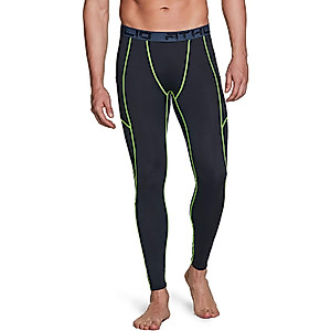 ATHLIO Men's Compression Pants Running Tights Workout Leggings, Cool Dry Technical Sports Baselayer, Pocket 2pack Leggings Black & Neon/Charcoal, Medium