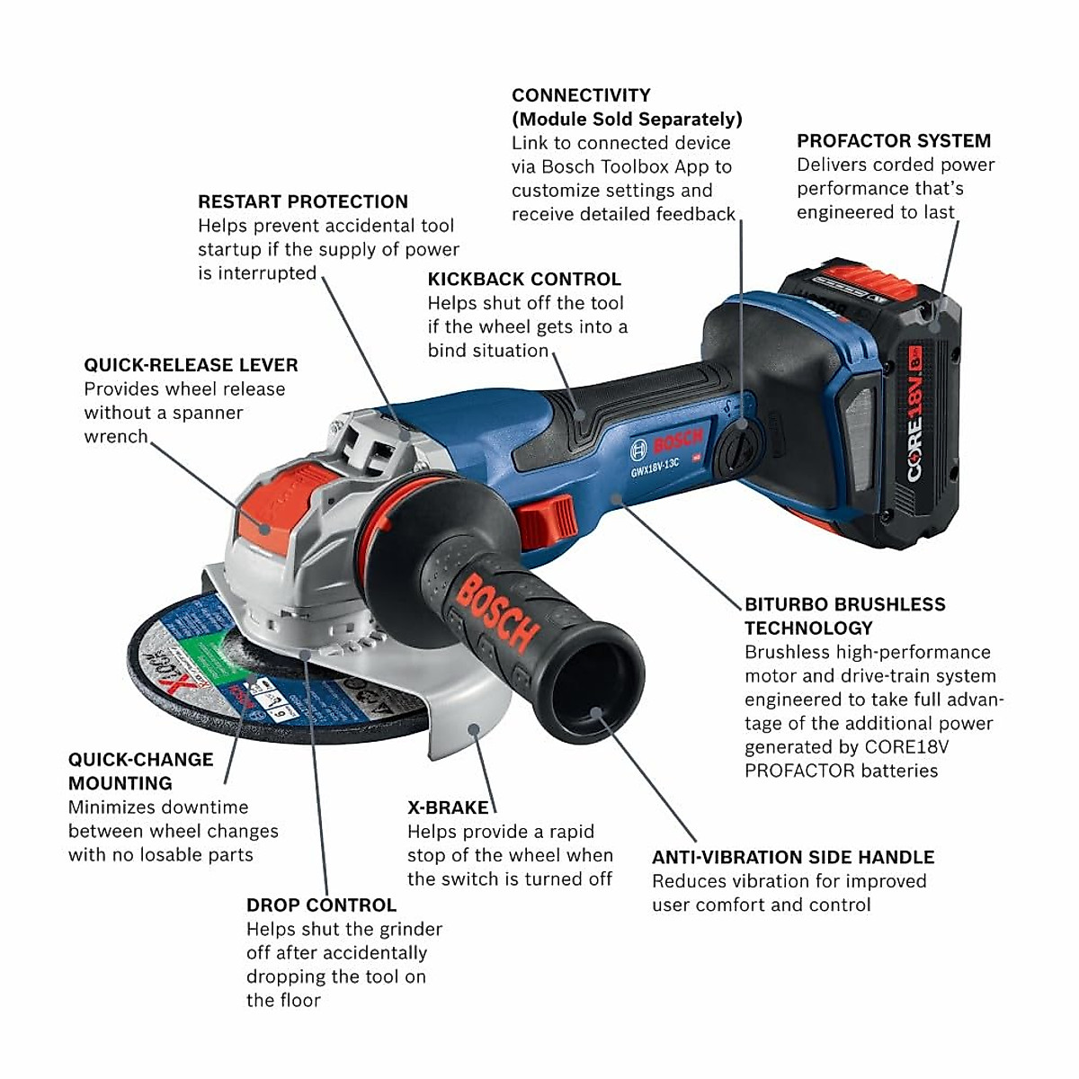 BOSCH GWX18V-13CB14 PROFACTOR™ 18V X-LOCK Connected-Ready 5 – 6 In. Angle Grinder Kit with (1) CORE18V® 8 Ah High Power Battery