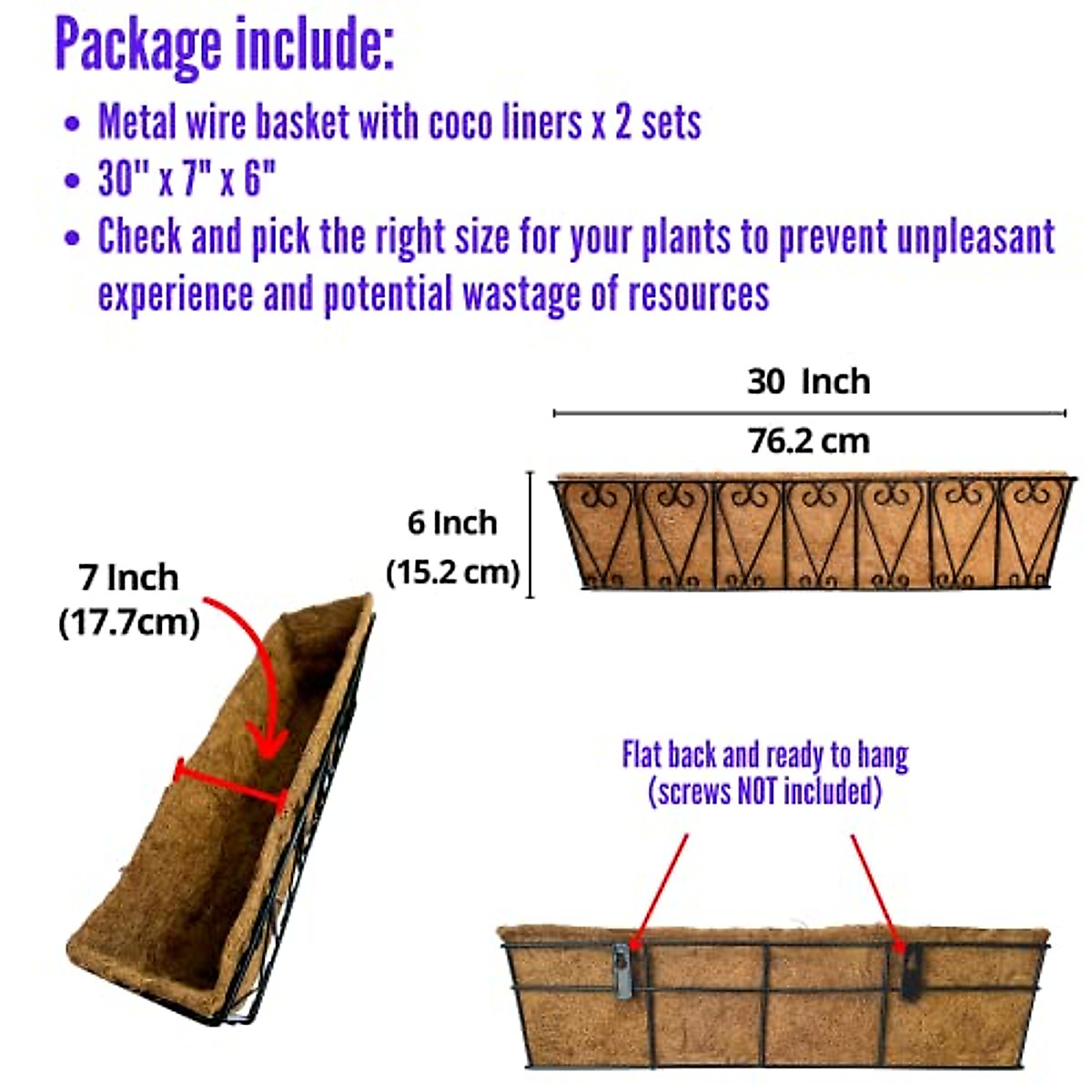 LaLaGreen Wall Hanging Planters - 2 Pack, 30 Inch Deck Railing Hanging Pot, Over the Rail Flower Boxes Black Window Plant Basket Attach to House Outdoor with Coco Liner Metal Fence Balcony Patio Porch